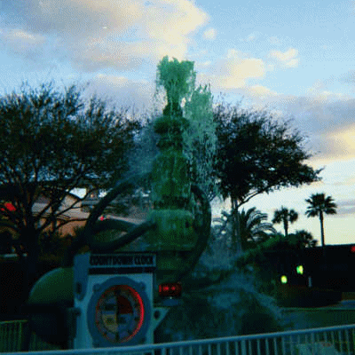 The Slime Time geyser erupting outside Nickelodeon Studios