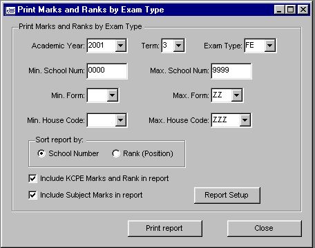 Print Exam Marks and Ranks by Exam Type