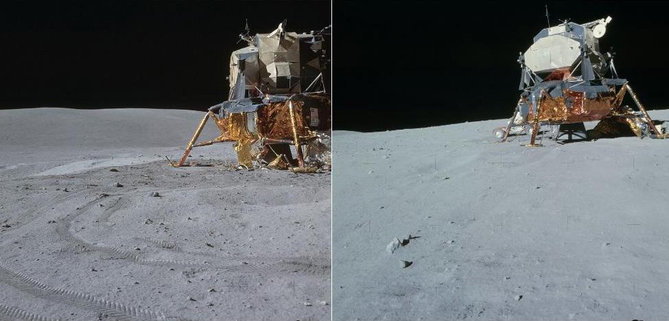 The photos AS16-107-17434 (left) and AS16-113-18329 show two views of ...