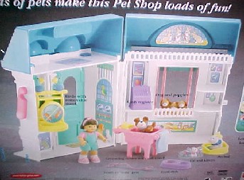 Includes blue roofed pet shop, pink pet bath, blue towel, purple cash ...