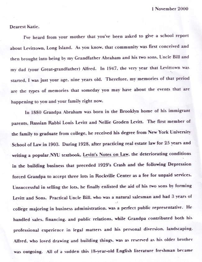 A Letter To Levitt's Granddaughter From John S. Levitt