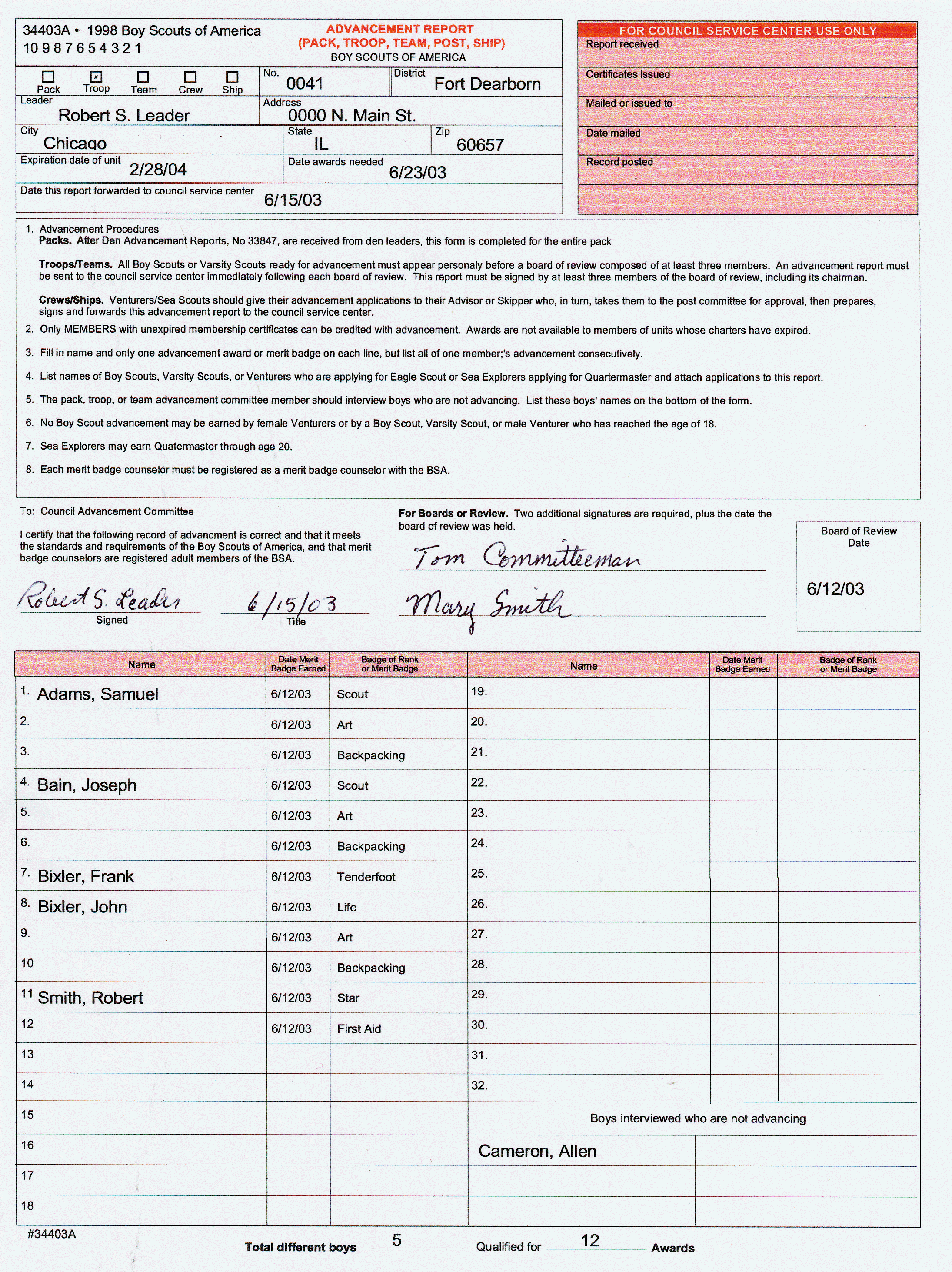 Boy Scout Advancement Sheets