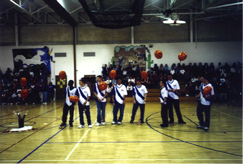 The basketball team at the pep rally